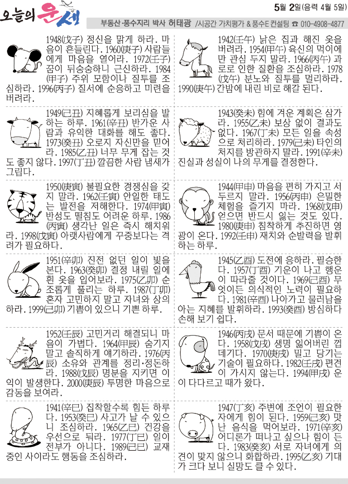 5월 2일 오늘의 운세(음력 4월 5일)